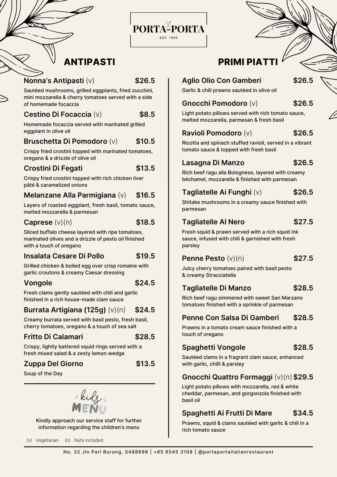 Menu - Porta-Porta Italian Restaurant